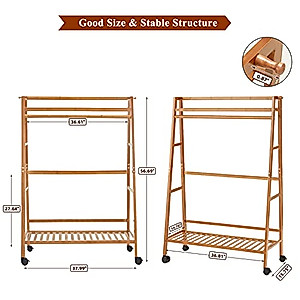 Azaeahom Bamboo Clothing Rack, Garment Coat Clothes Hanging Movable Duty Rack, 5-in-1 Shoe Hat Storage Organizer Shelves for Bedroom, Entrance, Home