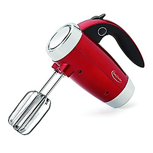 Betty Crocker 7 Speed Hand Mixer with Stand with Chrome Beater and Hooks, Metallic Red, BC-2208CMR, 6.06*8.66*6.65