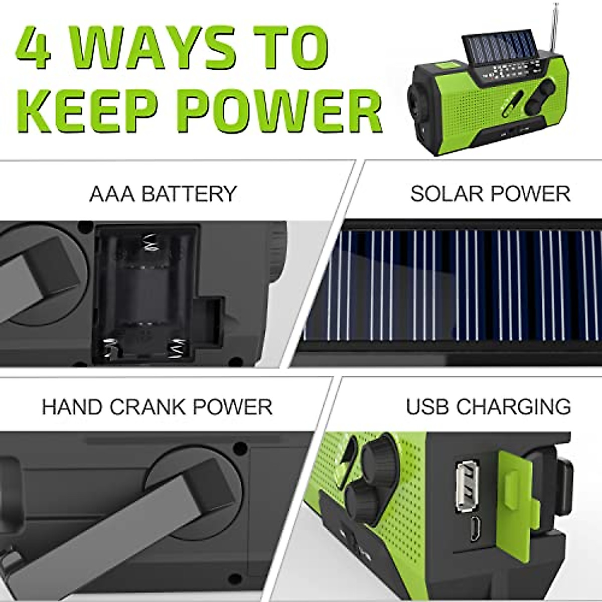 Emergency Crank Weather Radio, AM/FM/NOAA Hand Crank Portable Solar Radio with SOS Alarm, Battery Operated, LED Flashlight & Reading Lamping, 2000mAh Power Bank for Emergency Phone Charge