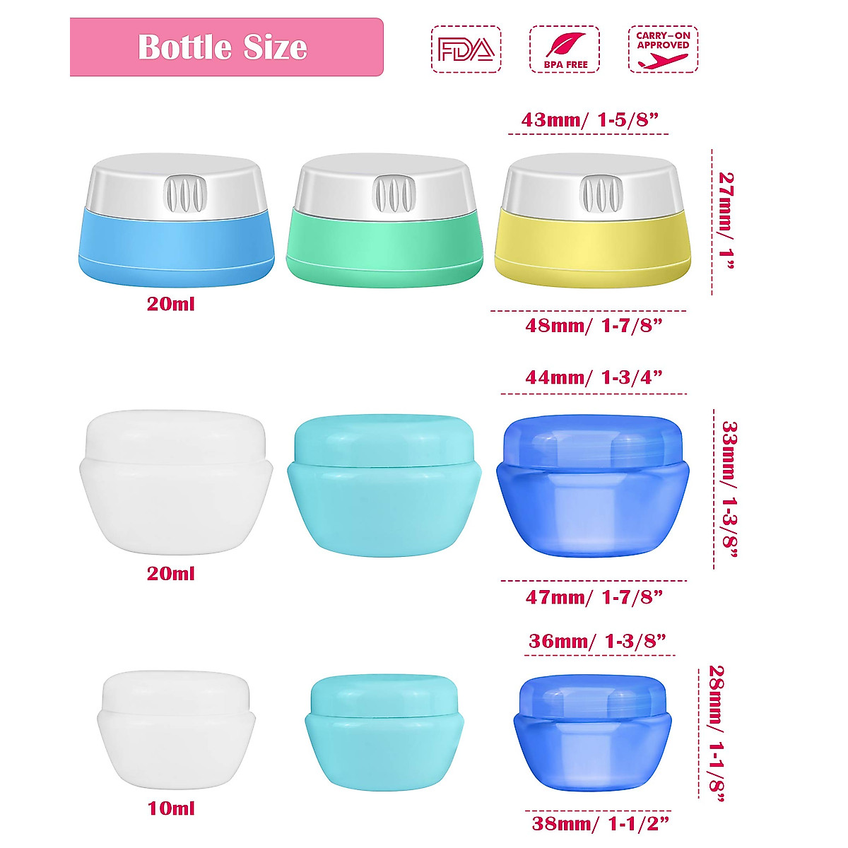 selizo Travel Bottles Containers Silicone and Plastic Cream Jars with TSA Approved Toiletry Case for Toiletries Cosmetic Makeup Body Hand Cream Lotion Shampoo