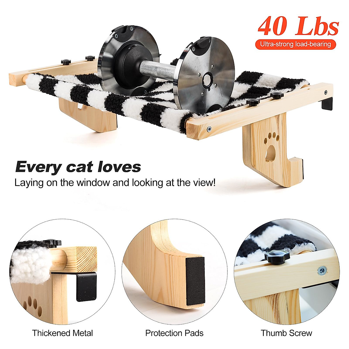 JTL-ADMCW Cat Sill Window Perch Hammock Sturdy Solid Wood Frame for Large Cats Easy to Assemble&Adjust Bed Windowsill, Bedside, Drawer and Cabinet(Chessboard Plush) Black/White