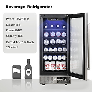 Beverage Refrigerator,ROCSUMOO15 Inch Beverage Refrigerator, 130 Cans Quiet Beverage Fridge, 15'' Beverage Cooler Under Counter with Glass Door and Lock for Built-in
