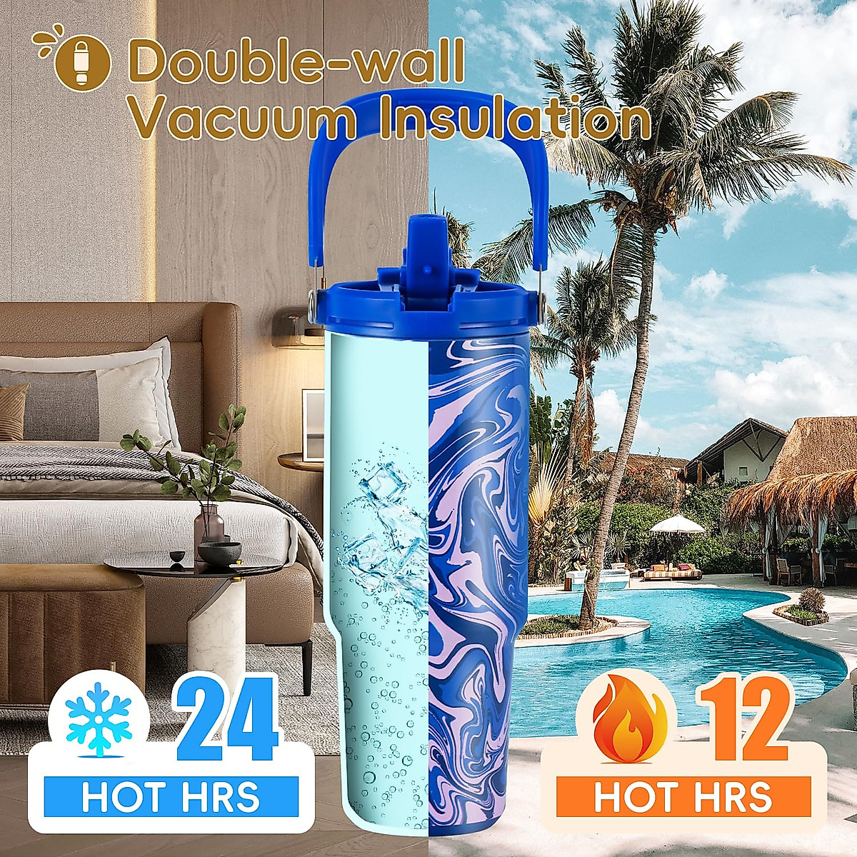 VUSIGN 30 oz Tumbler with Handle and Flip Straw, Stainless Steel Vacuum Insulated Water Bottle Travel Mug Thermal Cup for Home, Office, Car, Outdoors, Sports, Pool Swirl