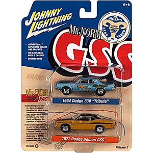 Johnny Lightning 1964 Dodge 330 Tribute Blue 1971 Dodge Demon GSS Brown Black Roof, Hood Stripes Release 3 Mr.Norms Set of 2 Cars Limited Edition to 2004 Pieces Worldwide 1/64 Diecast Model Cars