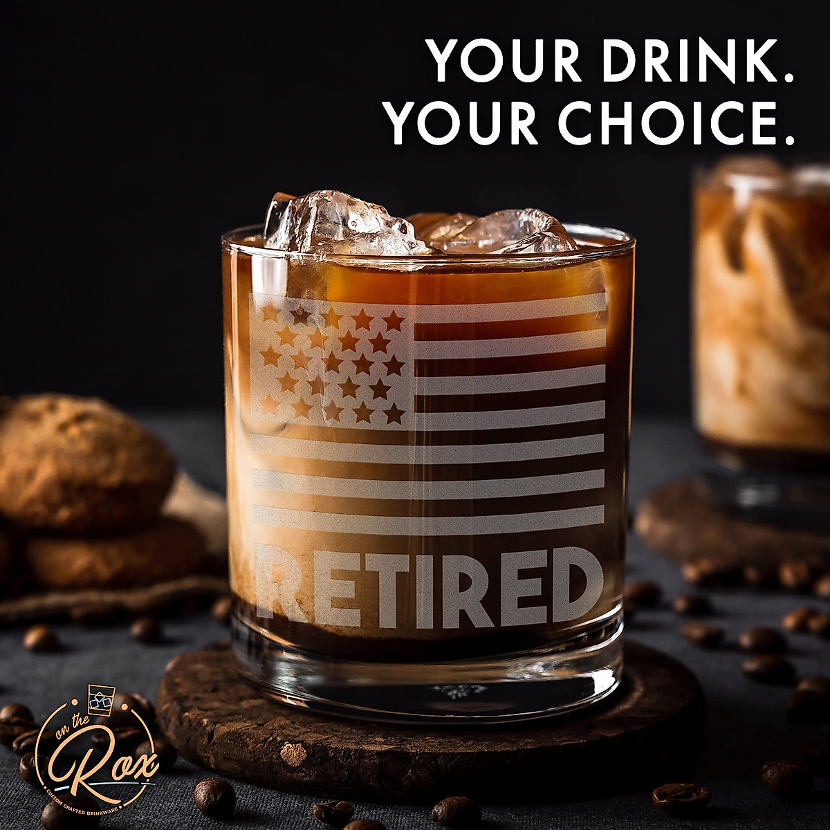 On The Rox Retirement Gifts For Men and Women - Permanently Engraved 11 oz Glass - USA Flag Glass Military Retirement Gift Idea- Wish A Happy Retirement for Army/Navy/Airforce/Marines/Coast Guard