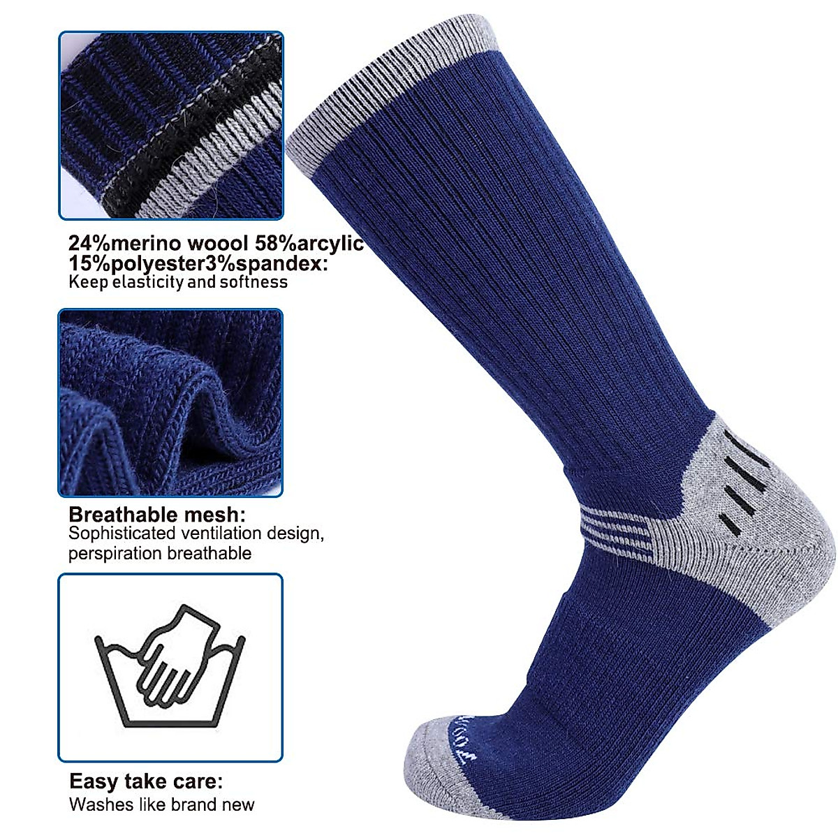 EnerWear 6P Pack Men's Merino Wool Blended Hiking Trail Socks (US 10-13, Blue)