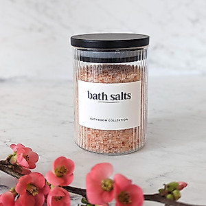 Mason & Fable Ribbed Glass Bathroom Jars with Airtight Black Bamboo Lids | Cotton Pad/Swab/Q tip Holder | Bath Salt/Small Makeup/Clear Vanity Apothecary Storage Canister Organizer – 10 fl oz, Set of 2