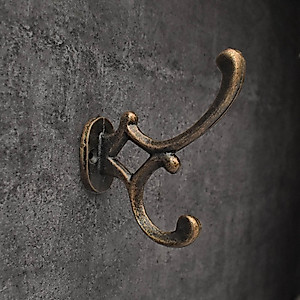BROOK AND BIRCH Antique Brass Coat Hooks Wall Mounted Iron Hooks Vintage Iron Double Hooks for Hanging Coats Towels Hats Bags Cups - Set of 2