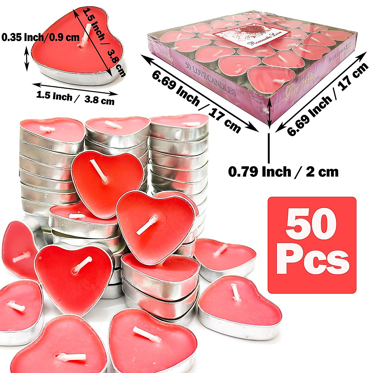 xlehoely 50 Pack Tea Light Candles,Heart Shaped Unscented Tealight Candles,Romantic Love Smokeless Tea Lights Candles,Dripless & Long Lasting Tea Candles for Mood,Romantic Decor,Pool,Dinners (Red)