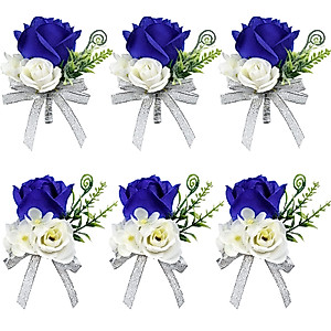 Ciandid Royal Blue Rose Wrist Corsage and Boutonniere set for Wedding, 3PCS Groom Groomsman Boutonnieres & 3PCS Bride Bridesmaid Wrist Corsages Wristlet Bracelet Flower for Wedding Ceremony Prom Party