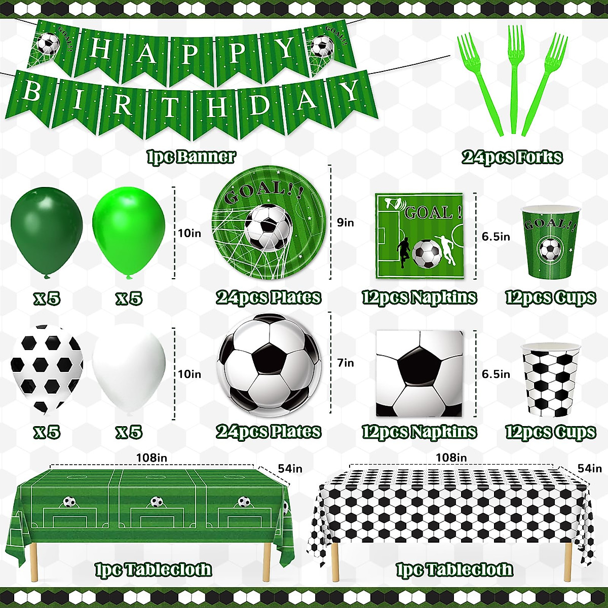 Soccer Party Decorations, 143Pcs Soccer Birthdday Party Supplies-Serves 24 with Soccer Plates and Napkins Tablecloth and Birthday Banner Balloons for Soccer Sports Theme Birthday Decorations