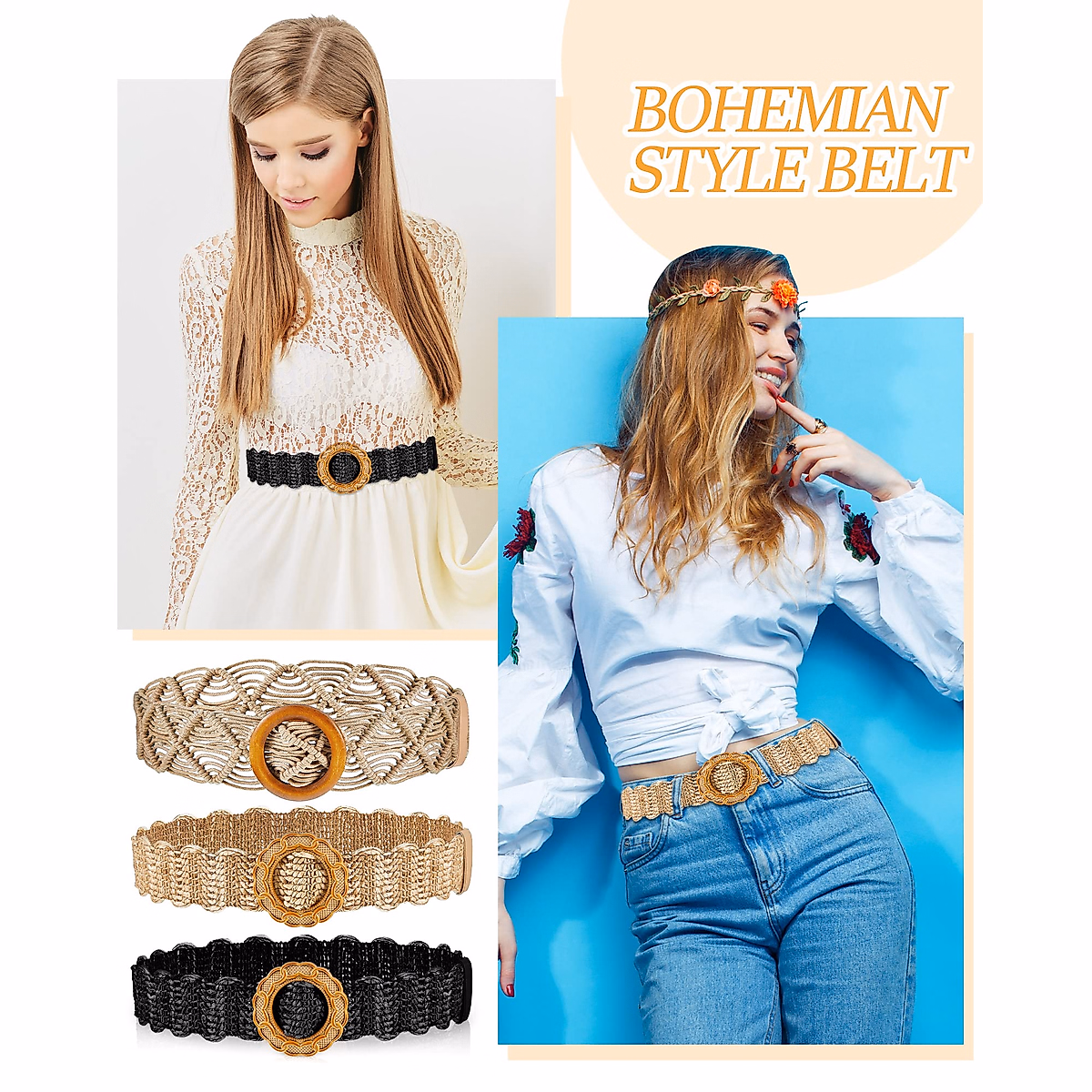 Hercicy 3 Pcs Rattan Straw Woven Belt Bohemian Waist Rope Braid Belts for Women, Trendy Boho Ladies Skinny Dress Belt Multicolor