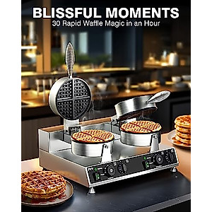 Commercial Waffle Maker PYY Double Waffle Maker Large Stainless Steel Waffle Maker Silver Non-stick Electric Chaffle Maker for Restaurant Party Food Stall