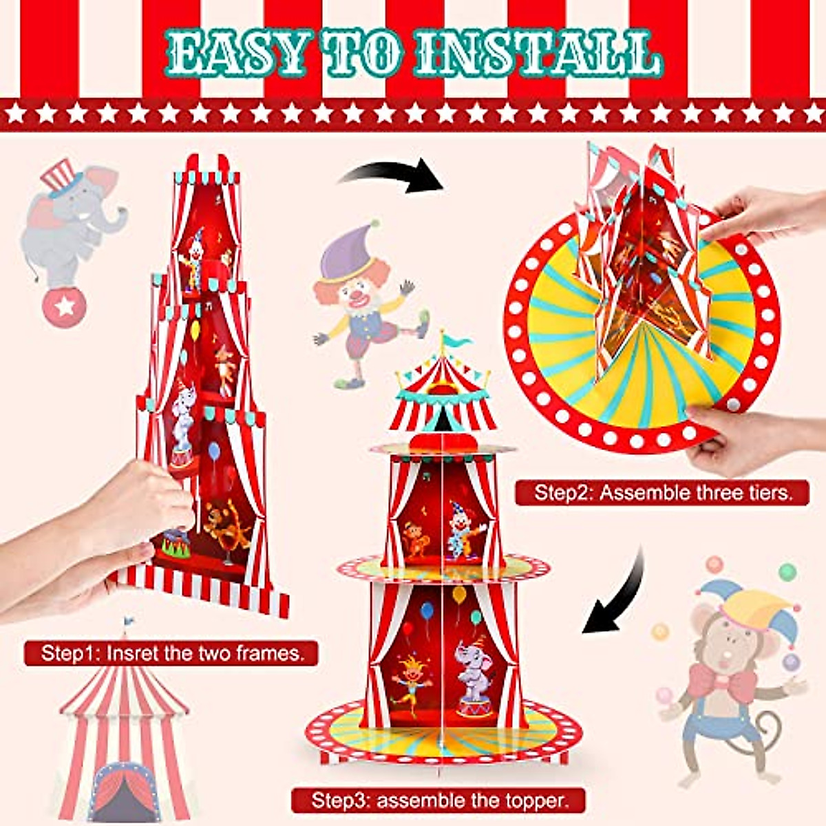 Circus Carnival Cupcake Stand, 3 Tier Cupcake Holder with Cartoon Circus Carnival Tent for Kids Birthday Celebrations Themed Party Favor Decoration