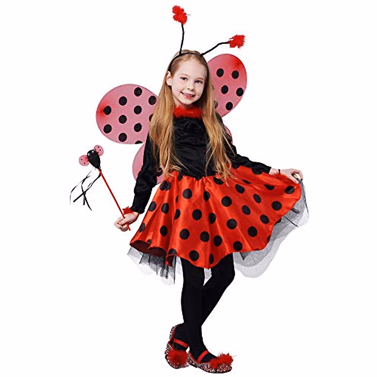 IKALI Girls Ladybug Costume, Halloween Deluxe Animal Fancy Dress Outfit with Wings (10pcs Set) 4-6Y