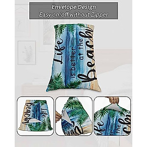 Life is Better at The Beach Pillow Covers Standard Size Set of 2 Bed Pillow, Summer Blue Ocean Tropical Plants Plush Soft Comfort for Hair/ Skin Cooling Pillowcases with Envelop Closure 20''x26''