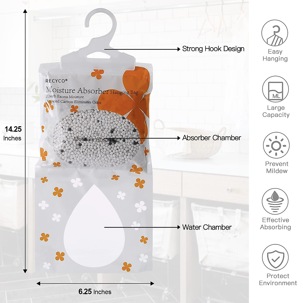 RECYCO 10 Packs 240g Moisture Absorbers Packets Fragrance Free Hanging Dehumidifier Bags for Closet, Basements, Bathroom, Bedroom, Kitchen, Cars, Dormitory, Laundry Rooms