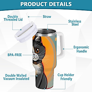 Cat Cartoon Tumbler with Handle and Straw 30-40 Lid Cup Holder Compatible for Travel Insulated Stainless Steel Cup Food Grade PP Gifts for Him Her BPA-free