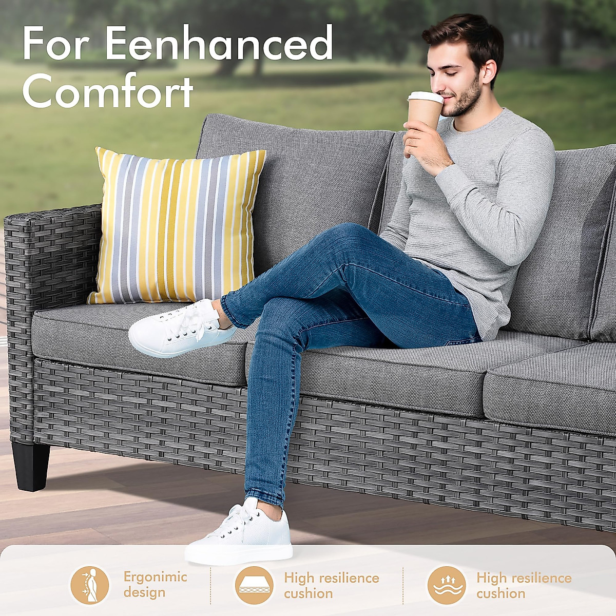 XIZZI Patio Furniture Set with Swivel Rocking Chairs,8 Pieces All Weather Wicker Outdoor Furniture,Patio Conversation Set Sofa for Outside,Deck,Backyard,Garden,Pool (Dark Grey)