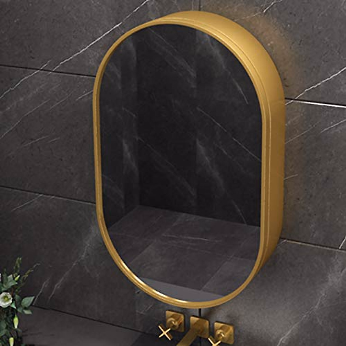ZTGL Oval LED Lighted Mirror Cabinet, Wall-Mounted Bathroom Medicine Cabinet, Touch Button, Slow Close Hinge, 19.7x31.5 in,Gold,Lights Defogging