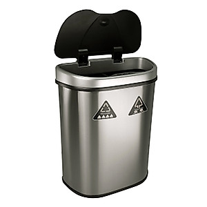 NINESTARS Automatic Touchless Infrared Motion Sensor Trash Can/Recycler with D Shape Silver/Black Lid & Stainless Base, 18 Gal, Stainless Steel