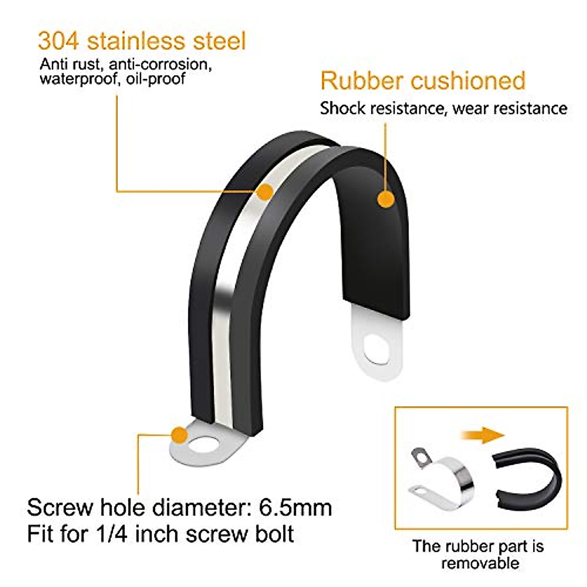 VIGRUE 53pcs Cable Clamps Assortment Kit, 304 Stainless Steel Rubber Cushion Pipe Clamps in 6 Sizes 1/2'' 1'' 1.25'' 1.5'' 1.75'' 2''