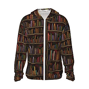 AMRANDOM Women's Shirts UPF 50+ Sun Protection Jacket, Summer UV Hoodie Long Sleeve Shirt Running Hiking Outdoor Clothing Compatible with Vintage Library Bookshelf Bookcase