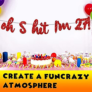 Oh S*it I’m 27! Banner Backdrop Glitter Red Hello 27 Cheers to 27 Years Old Theme Decorations Decor for Man Woman Happy 27th Birthday Party Supplies Photo Studio Prop Favors