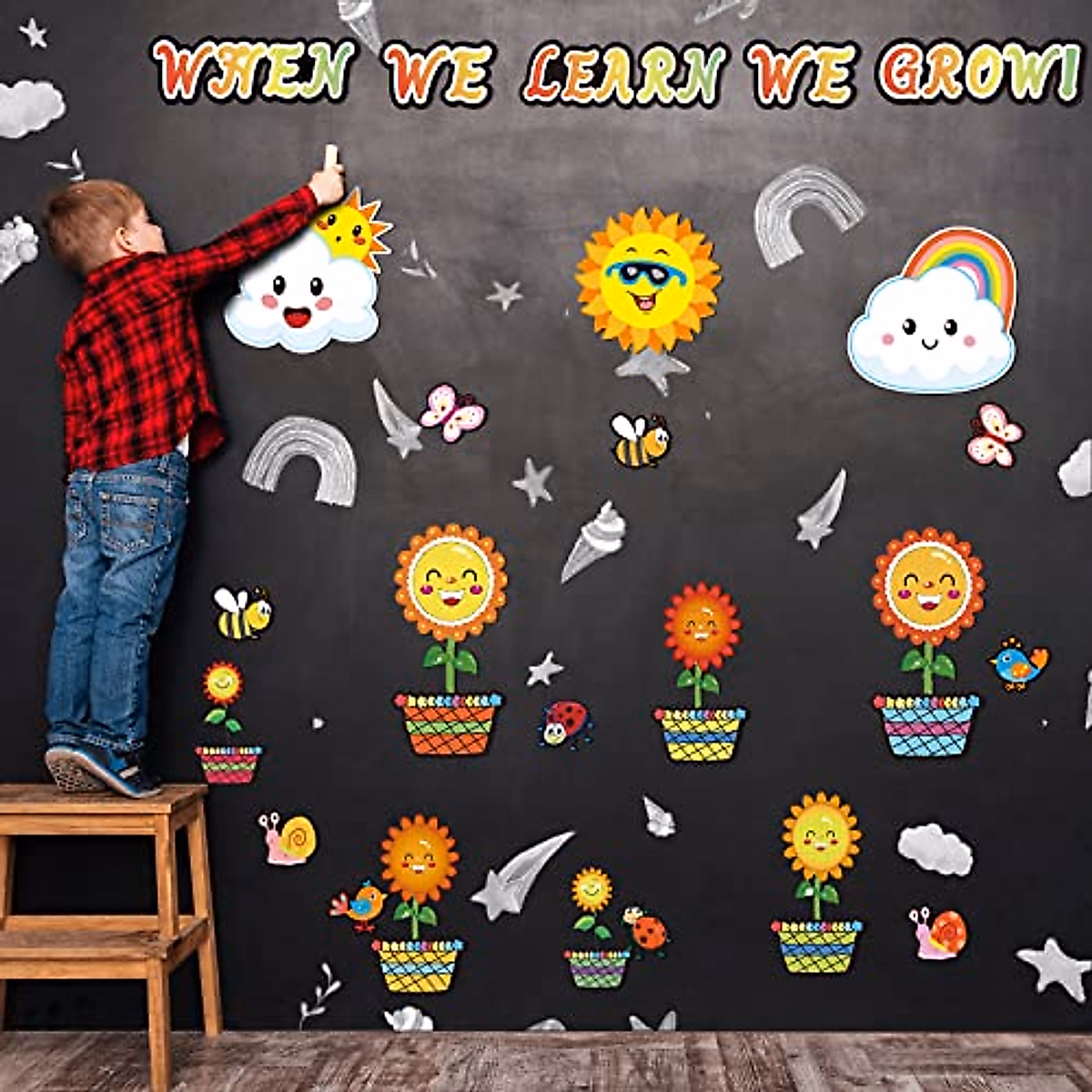 34 Pieces Spring Sunflower Classroom Bulletin Board Set Springtime Blooms Flowers Cutouts Colorful Butterfly Bee Bird Sun Clouds Cutouts When We Learn We Grow Bulletin Board Decor