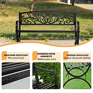 PayLessHere Black Outdoor Metal Loveseat Chairs Patio Garden Bench 50-inch Slatted Seat Armrests Floral Design Backres Perfect for Park, Yard, Porch, Lawn, Balcony, Backyard