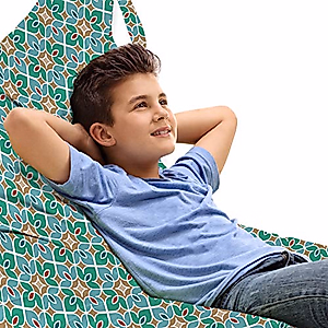 Ambesonne Teal and White Lounger Chair Bag, Floral Moroccan Mosaic Pattern Cultural Design Eastern Tile, High Capacity Storage with Handle Container, Lounger Size, Multicolor