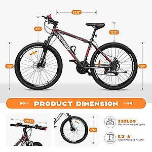 Max4out 26 inch Mountain Bike, Aluminum Frame, 21-Speed Dual Disc Brake Bike with Lock-Out Suspension Fork, Nomal Wheels Bicycles for Men and Women(Black)
