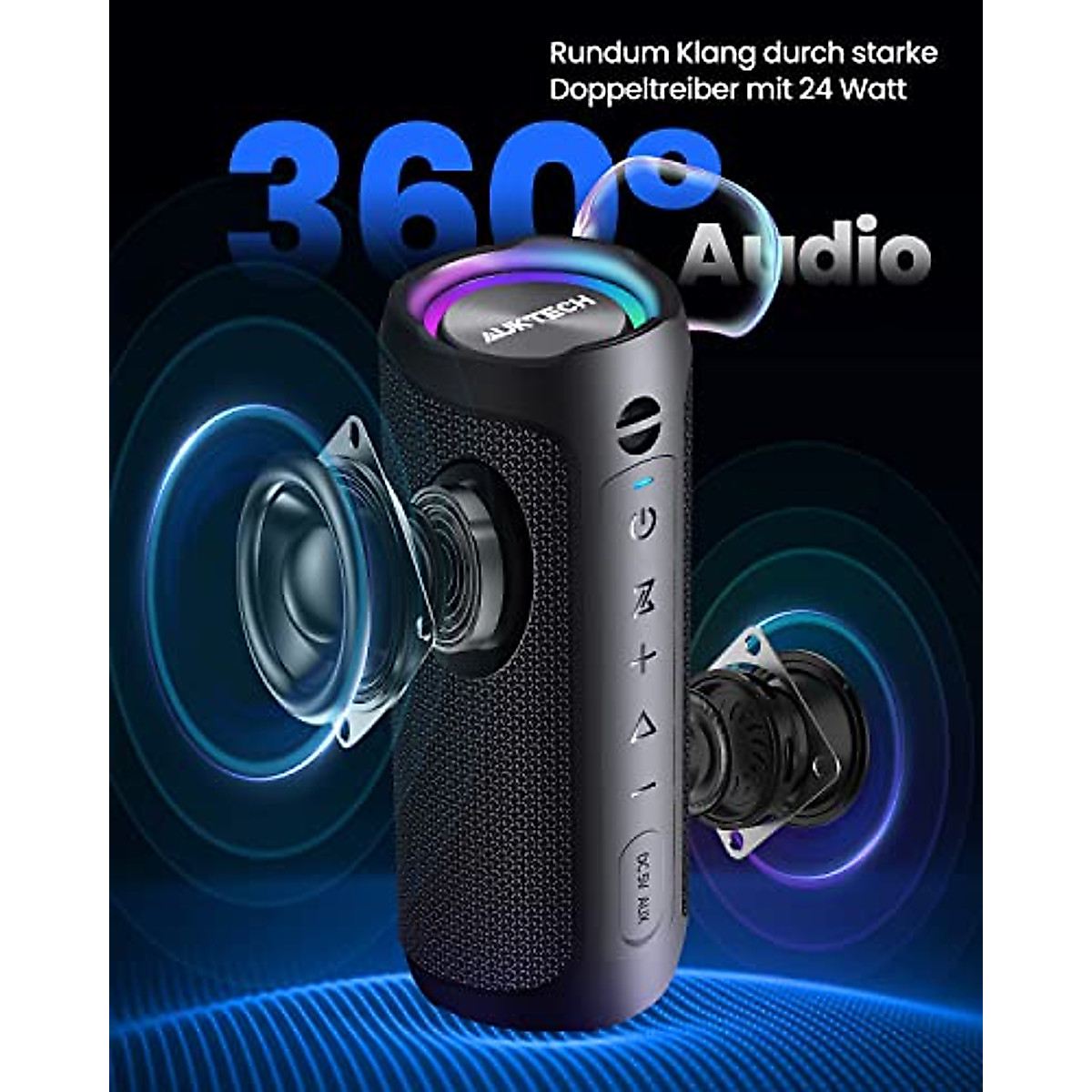AUKTECH Bluetooth Speakers - Portable Speakers Bluetooth Wireless(100ft), 24W Loud Stereo Sound, Led Lights, 20H Playtime, IPX7 Waterproof Speaker for Outdoor, Home, Party, Beach, Shower