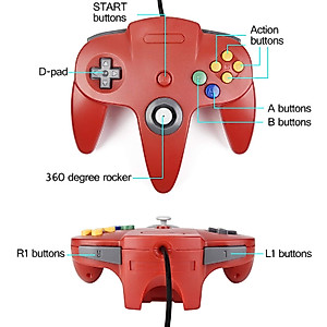 KIWITATA 2 Pack Classic N64 Controller, Retro N64 Remote Joystick Replacement Wired Gaming Controller for N64 Video Gaming System Console Red & Black