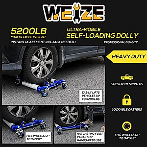 WEIZE Car Wheel Dolly, Heavy Duty Self Loading Dolly with Ratcheting Foot Pedal, 1300lbs Capacity, Set of 4