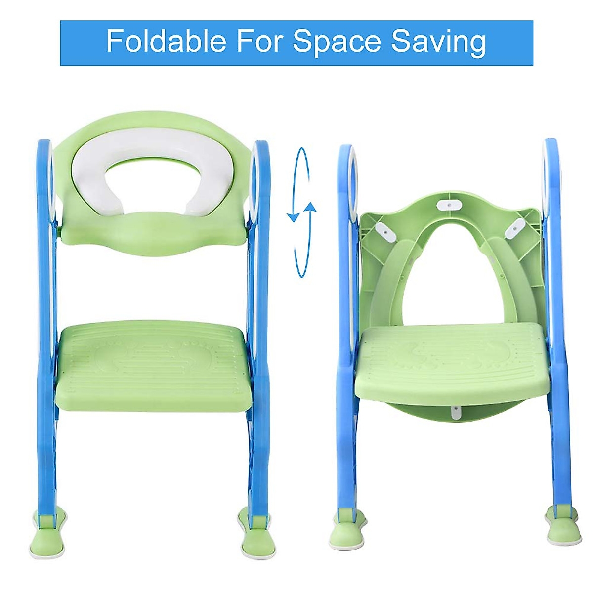Potty Training Seat with Step Stool Ladder, Toddler Toilet Training Seat Chair Foldable Toilet Potty Trainer with Soft Cushion and Anti-slip Pad for Kids Child Baby Boys Girls (Blue Green)