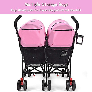 BABY JOY Double Light-Weight Stroller, Travel Foldable Design, Twin Umbrella Stroller with 5-Point Harness, Cup Holder, Sun Canopy for Baby, Toddlers (Pink)