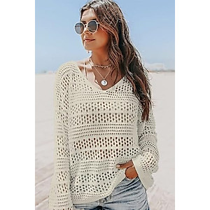 Dokotoo Women's 2023 Spring Summer Crochet Hollow Out Long Sleeve Beach Bikini Swimsuit Mesh Cover Up Tunic Top Apricot M