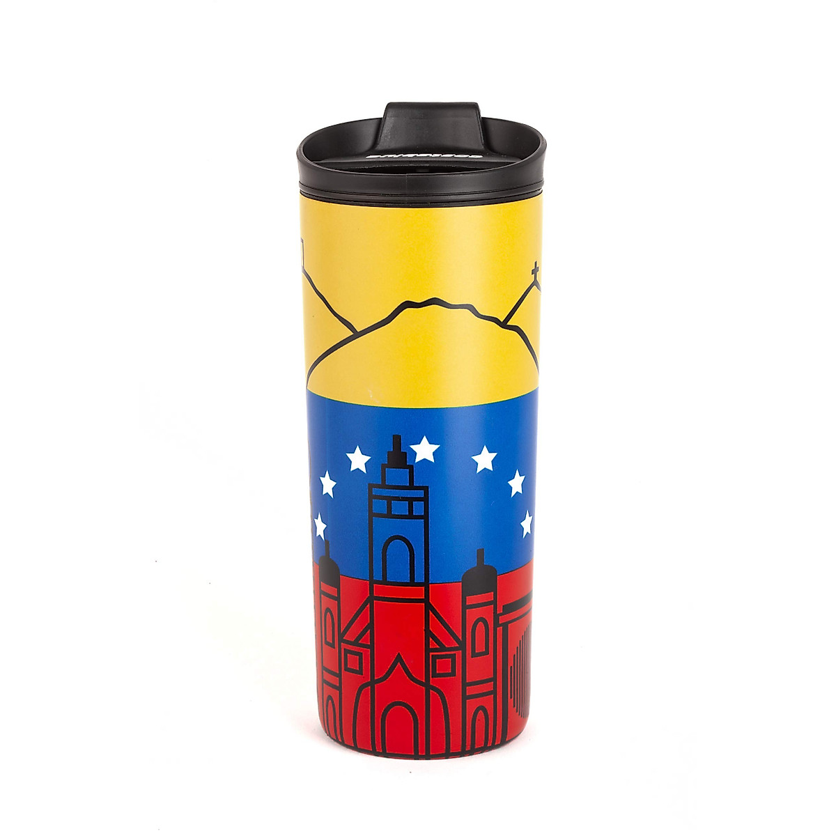 costablue Venezuela Vacuum Insulated Stainless Steel Thermal Travel Mug, 16 oz, Easy Clean, Flip leak Proof Lid Venezuelan Flag with Icons from Caracas