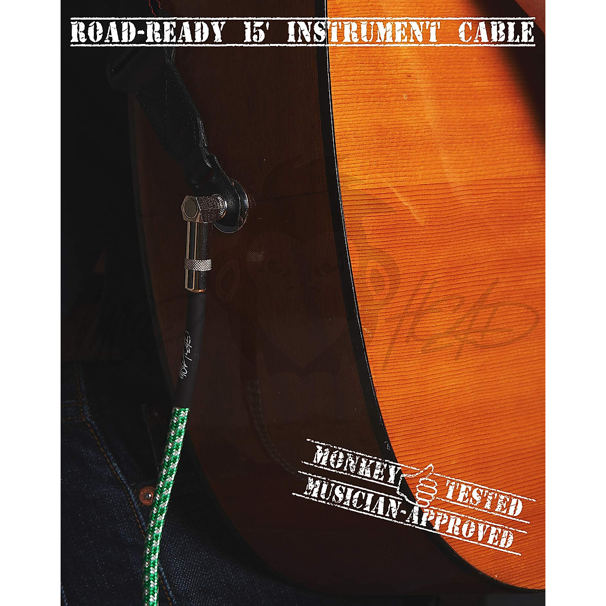 Mophead 15-Foot Guitar Instrument Cable - 1/4 Inch TS to 1/4 Inch TS Right Angle Pro Grade Double Insulated Tweed Braided for Electric Guitar, Bass, Amp, Keyboard (Green and White)