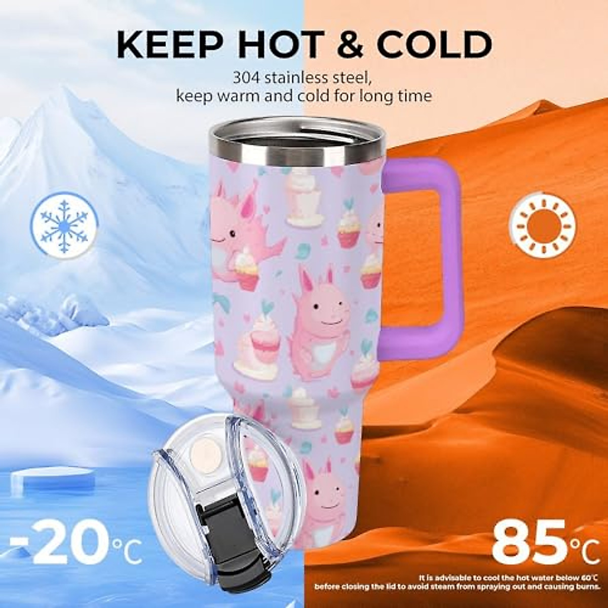 Axolotl Ice Cream 40 Oz Stainless Steel Cup Travel Tumbler with Handle and Straw Lightweight Coffee Mug for Home Office