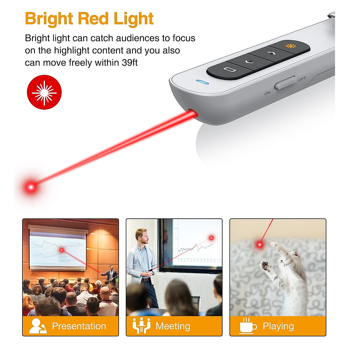 Wireless Presenter Remote, RF 2.4GHz USB Presentation Remote Control PowerPoint Presentation Clicker for Keynote/PPT/Mac/PC … (White)