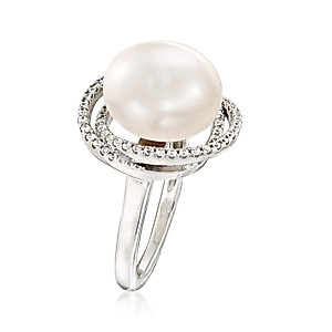 Ross-Simons Italian 12mm Cultured Pearl and .78 ct. t.w. CZ Ring in Sterling Silver. Size 9