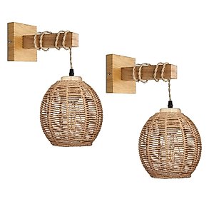TIGKHAE 2Pcs Bamboo Lantern Wall Sconces Wicker Lamp Cord Hand Woven Rattan Wall Light Lamp Farmhouse Rustic Boho Sconces Wall Lighting for Living Room Bedroom E26