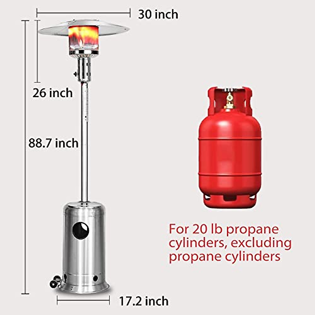 ROMONICA 48,000BTU Outdoor Patio Heater Tall Standing Hammered Finish Garden Outdoor Heater Propane Standing, Stainless steel outdoor space gas heater with wheels, Silvery - 8 set