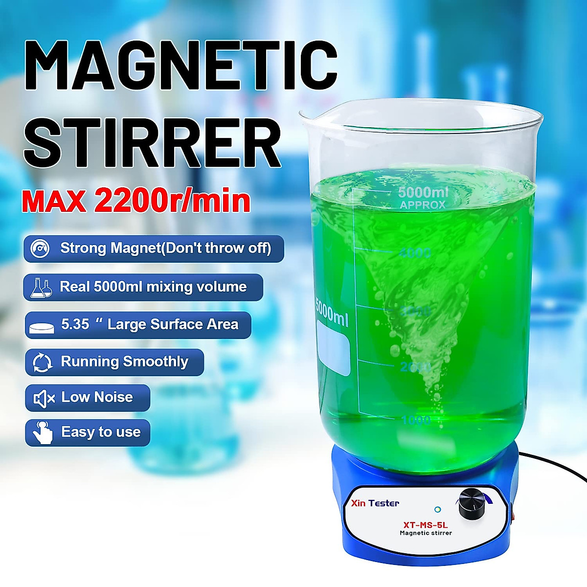 Xin Tester 5000ml Magnetic Stirrer, Stainless Steel Magnetic Mixer with Stir Bar, Magnetic Stir Plate for Sauces/Yeast Starters/Paint/Ink (No Heating) Max Stirring Rate: 2200RPM