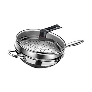 Fenteer Stainless Steel Wok Pan Cooking Pot with Glass Lid and Steamer Large Cookware Round Bottom for Kitchen All Cooktops Induction, 36cm