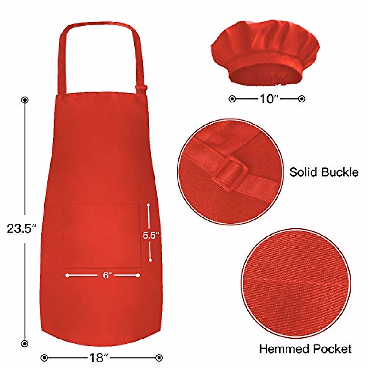 Novelty Place Kid's Apron with Chef Hat Set (3 Set) - Children’s Bib with Pocket Skin-friendly Fabrics - Cooking, Baking, Painting, Training Wear - Kid's Size (6-12 Year, Red)