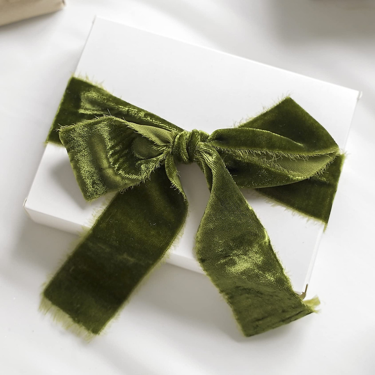 HUIHUANG Olive Green Velvet Ribbon 2 inch Handmade Fringe Frayed Silk Velvet Ribbon for Flower Bouquet, Gift Wrapping, Invitations, Holiday Christmas Decor, Wedding Bridal Shower Decor-3 Yards
