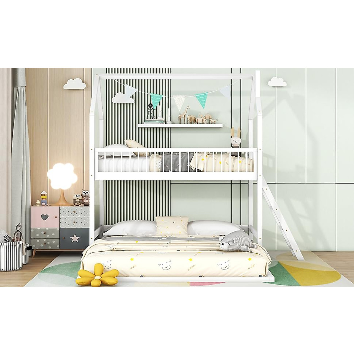 HABUHOME Twin Over Twin House Bunk Bed with Extending Trundle and Ladder, Wooden Bunk Bed Frame for Kids Teens Girls Boys - White